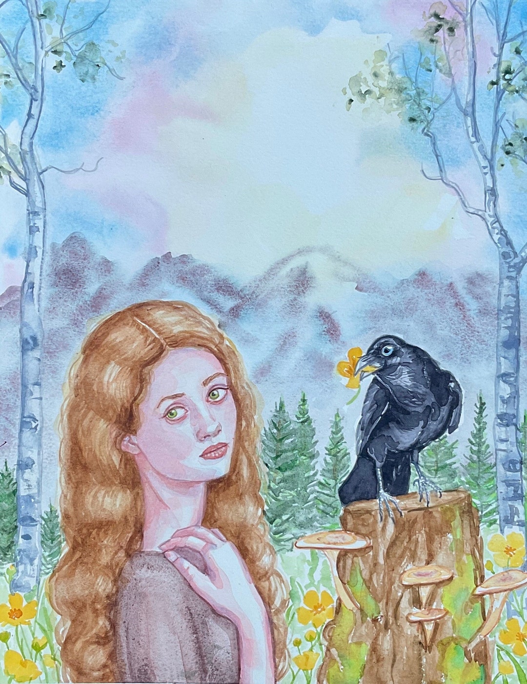 Original Watercolor Painting, Lady and Raven, 11 X 14, Wall Art ...