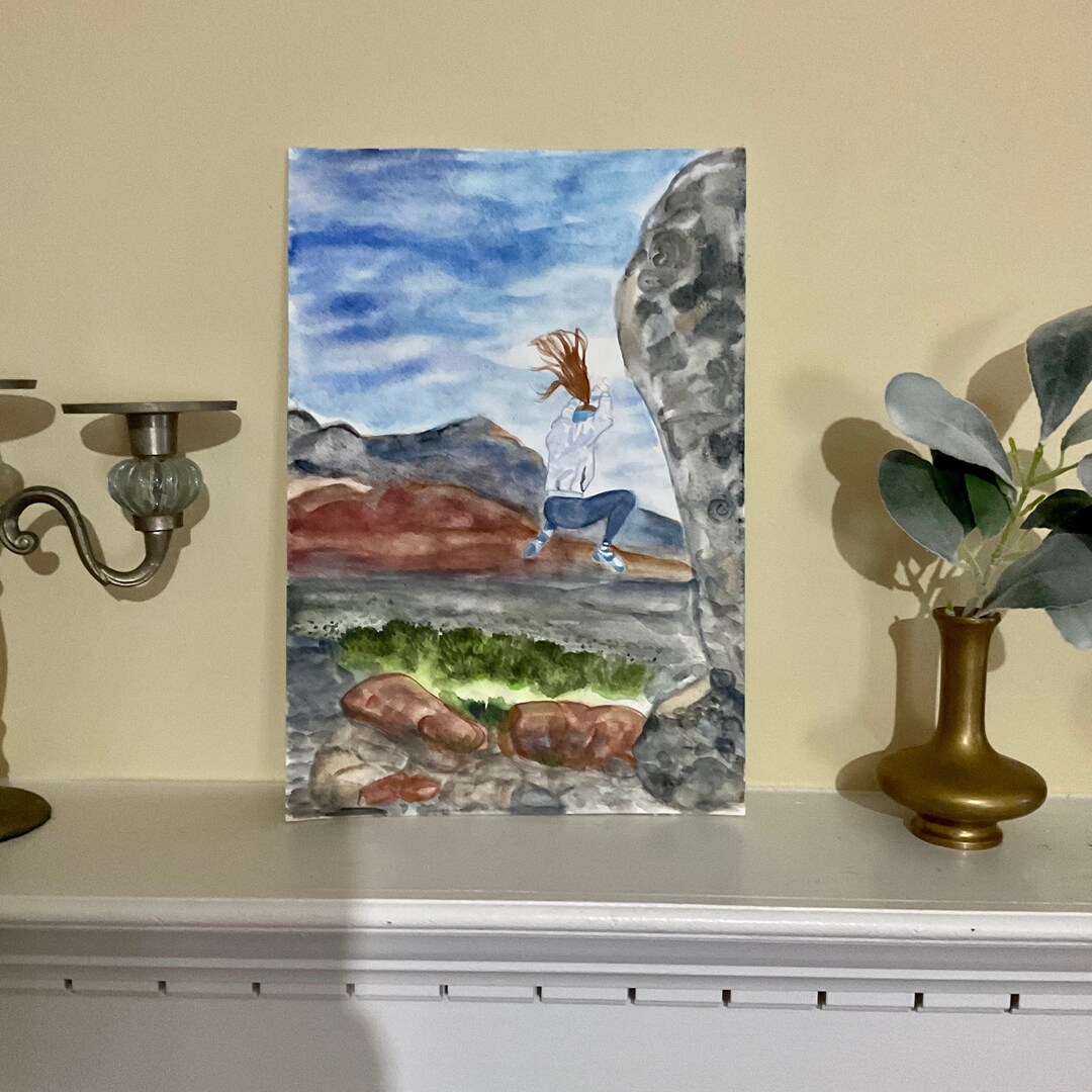 Hand Painted Original, the Free Fall, Rock Climbing Watercolor Painting ...