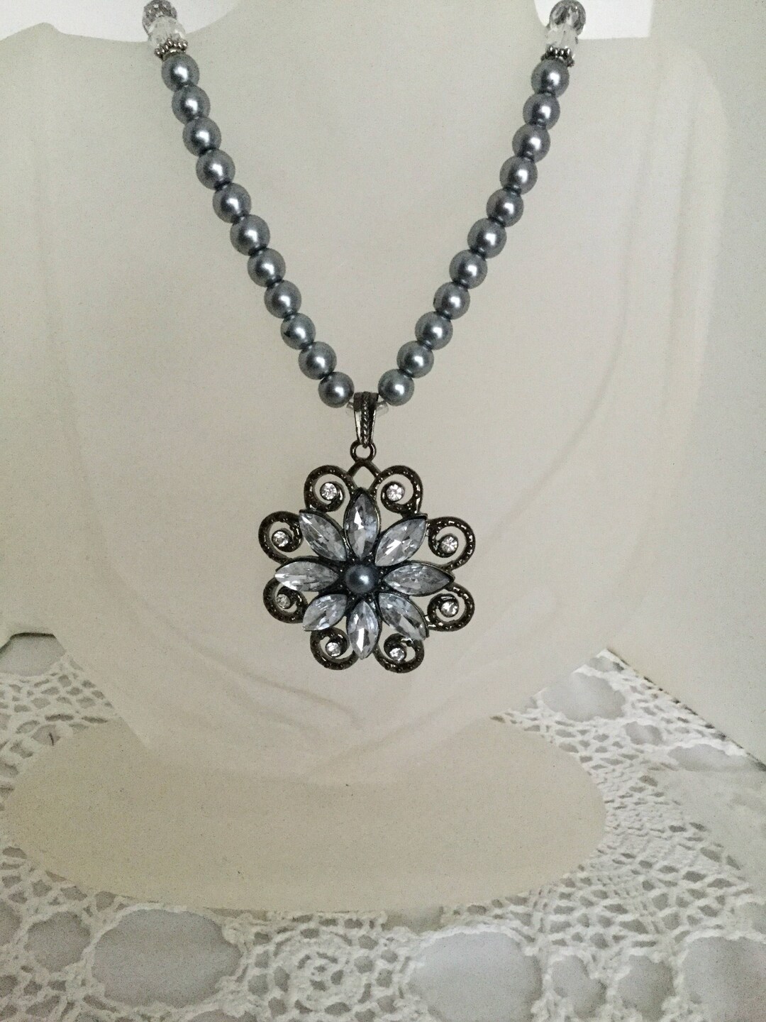 Gray Pearl/crystal Medallion Necklace - Etsy