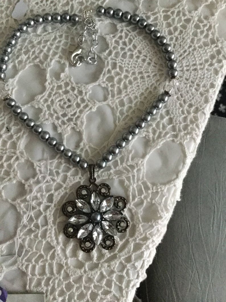 Gray Pearl/crystal Medallion Necklace - Etsy