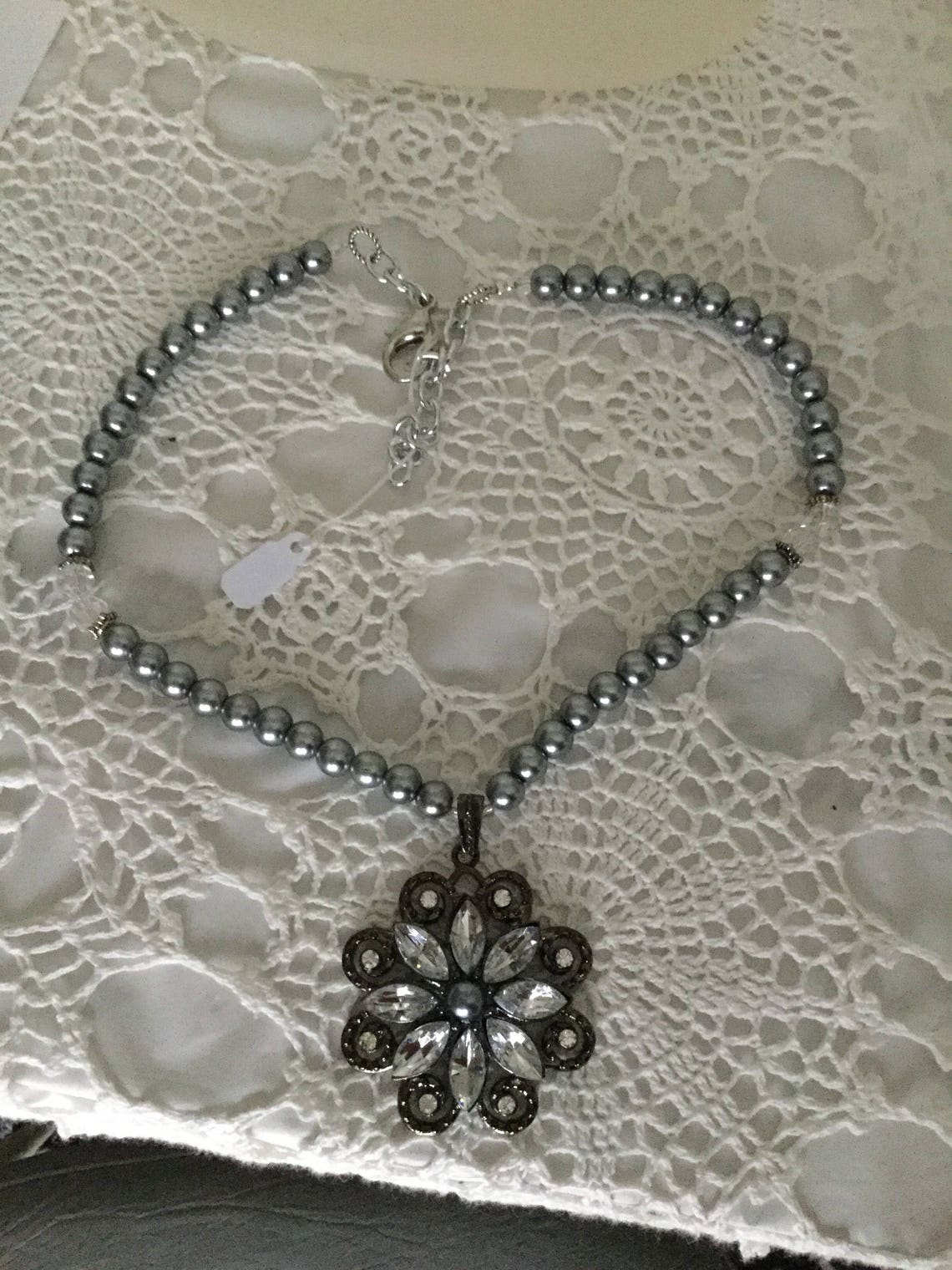 Gray Pearl/crystal Medallion Necklace - Etsy