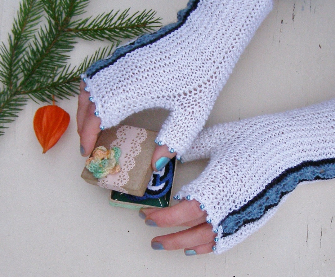 Lace Wool Texting Mittens, Bright White Knit Arm Warmers, One of a Kind ...