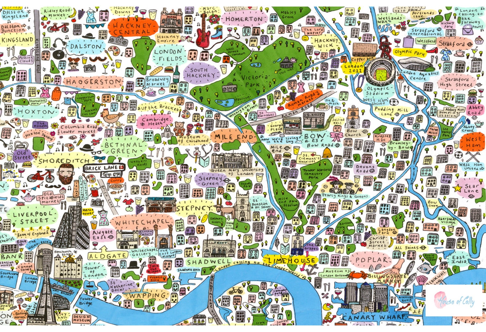 Illustrated Map of East London, Famous London Streets, London Landmarks ...