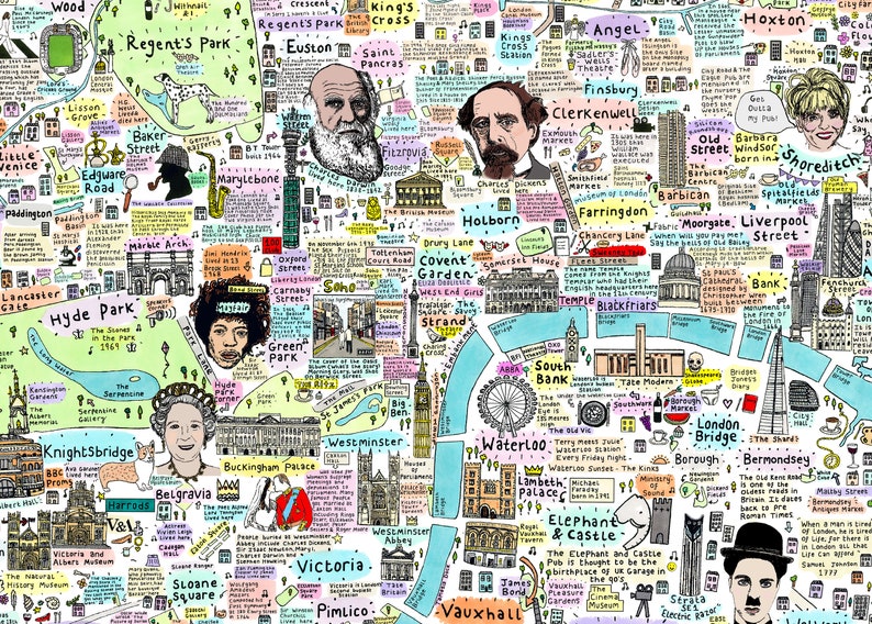 A0 Illustrated Map of London History and Culture, Famous London Streets ...