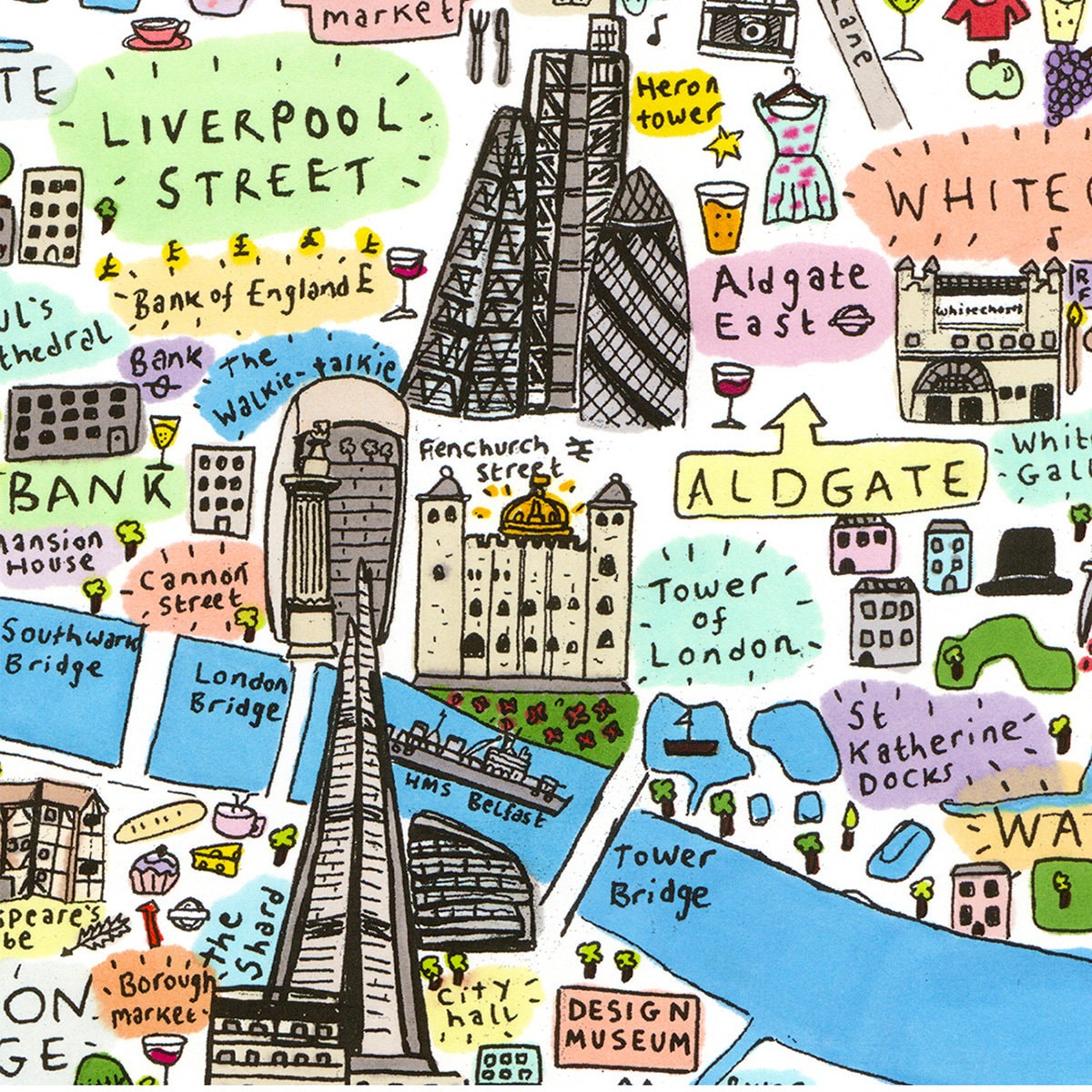 Illustrated Map of East London, Famous London Streets, London Landmarks ...