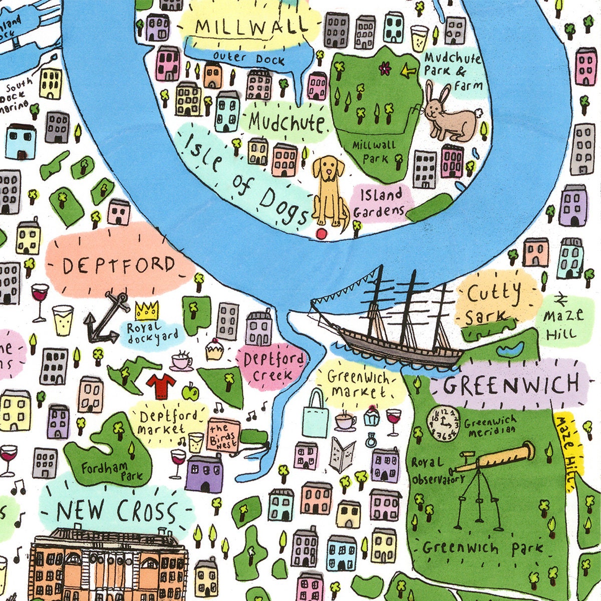 Illustrated Map of South East London, Famous London Streets, London ...