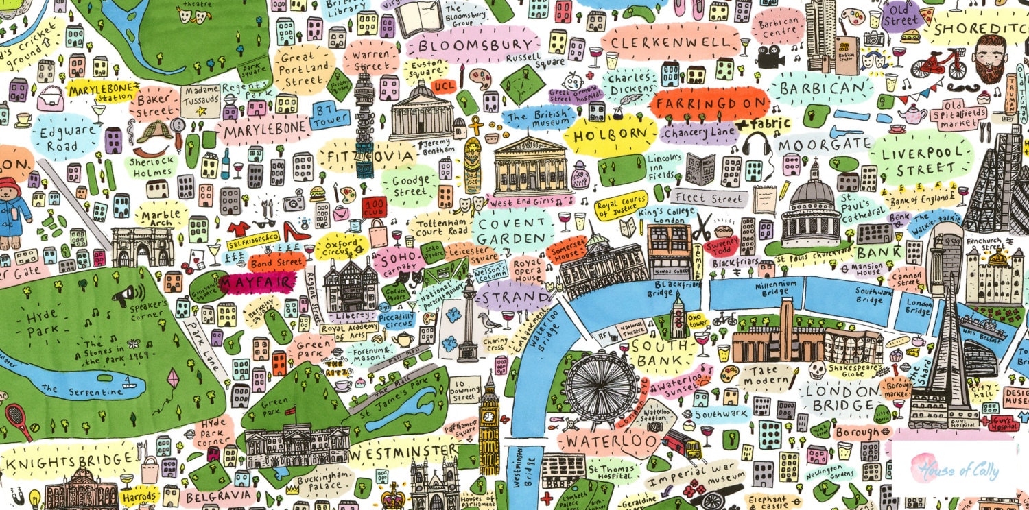 Mappa illustrata del centro di Londra, famose strade di Londra ...