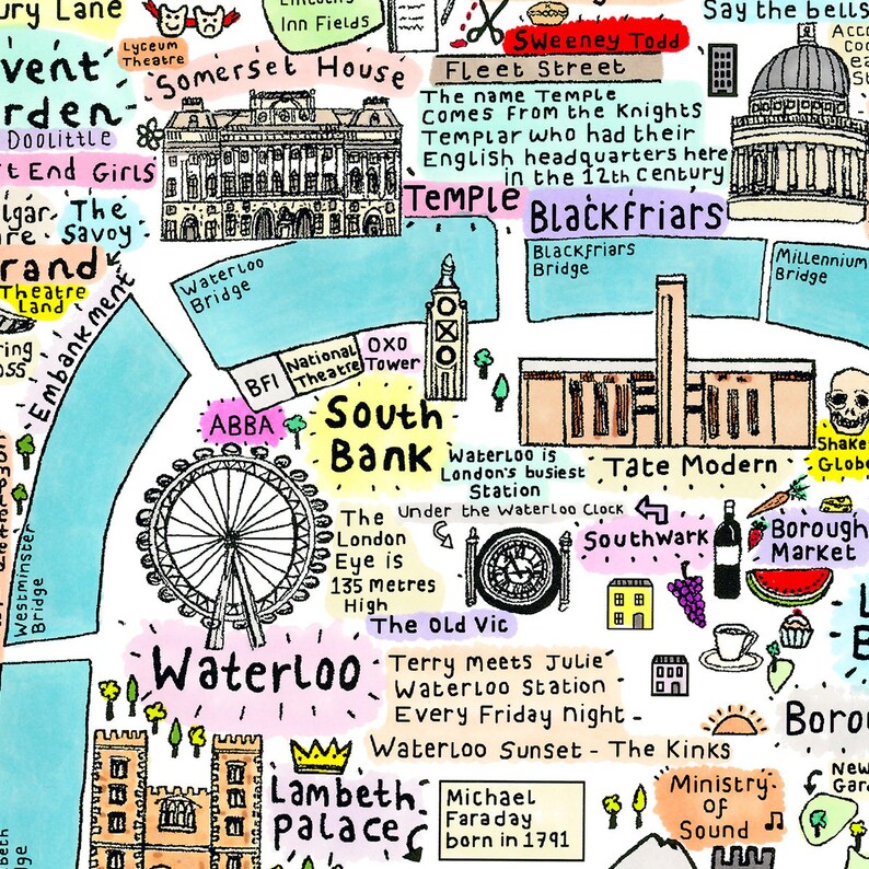 Illustrated Map of Central London History and Culture, Famous London ...