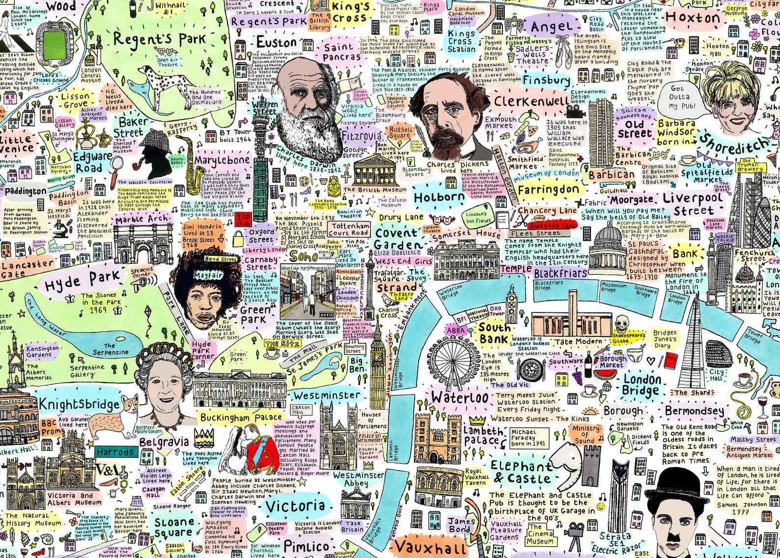 Illustrated Map of London History and Culture, Famous London Streets ...