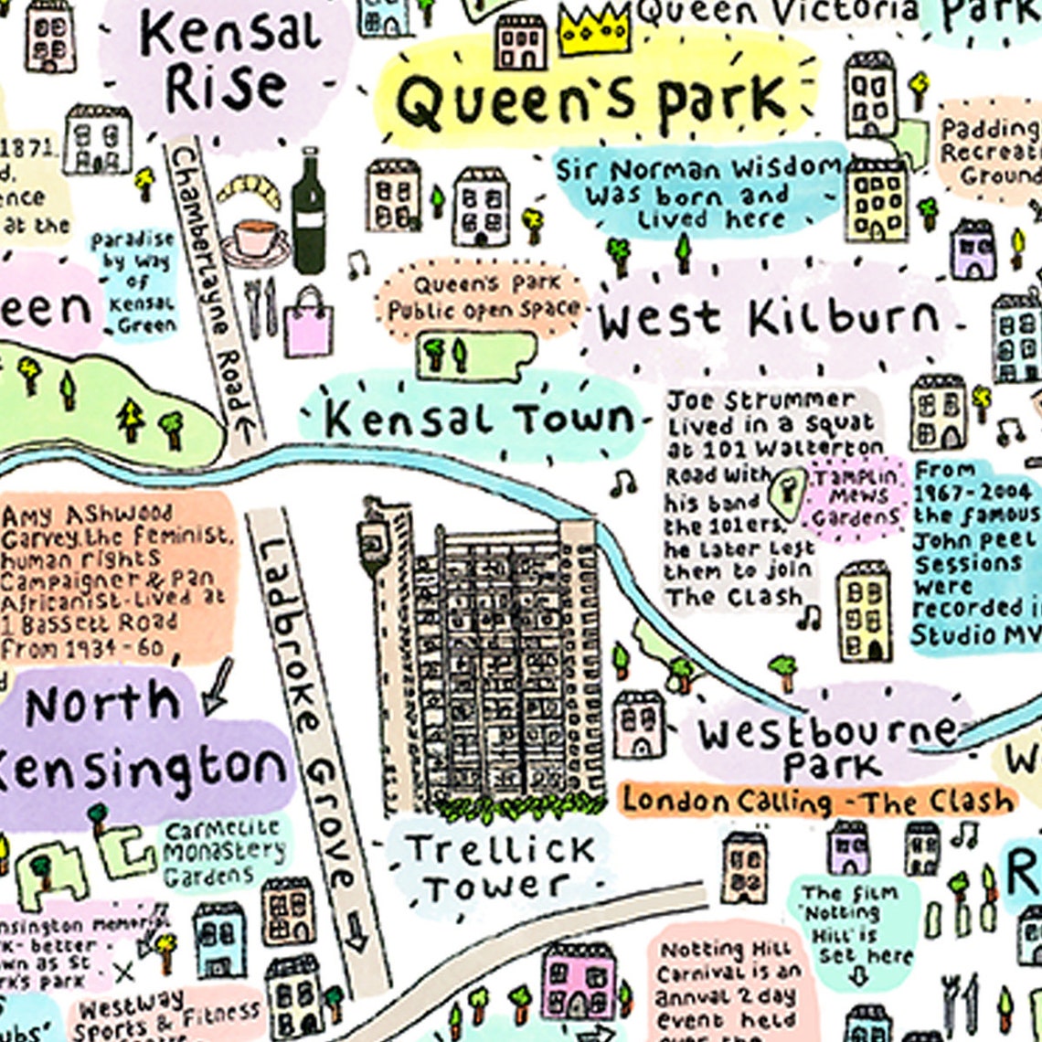 Illustrated Map of West London History and Culture Famous - Etsy
