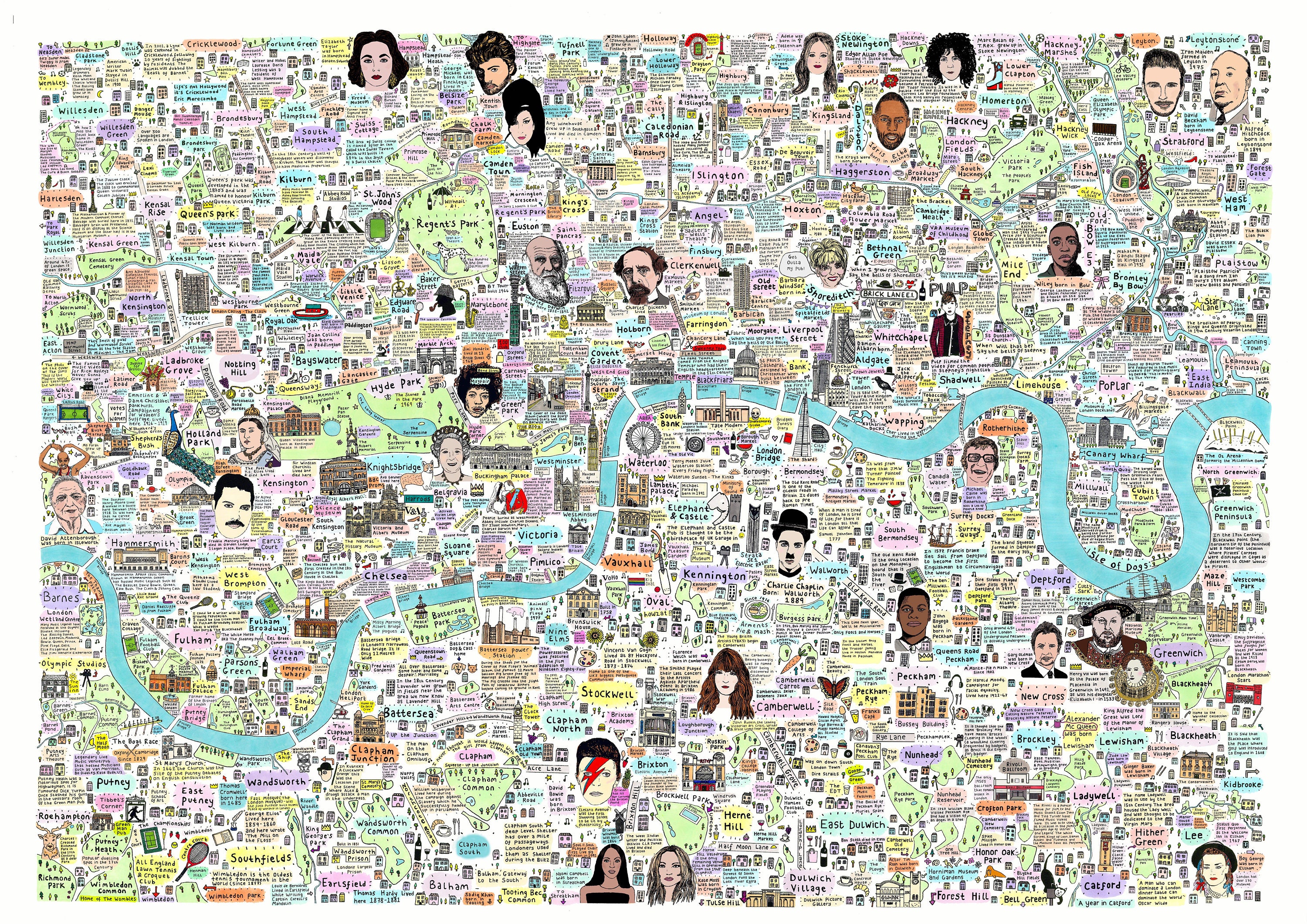 A0 Illustrated Map of London History and Culture, Famous London Streets ...
