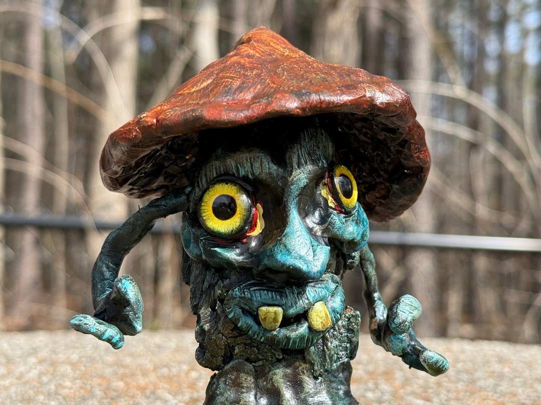 Handmade Fantasy Toadstool Figure Driftwood Clay Artwork Forest Spirit ...
