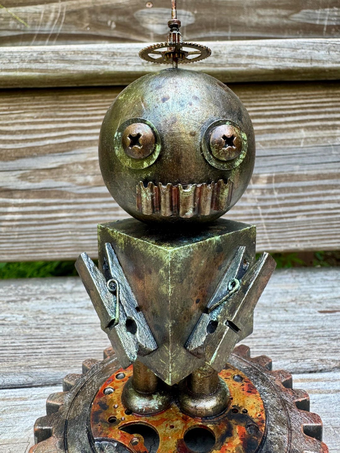 Upcycled Wooden Robot Sculpture: Steampunk Assemblage Art With Patina ...