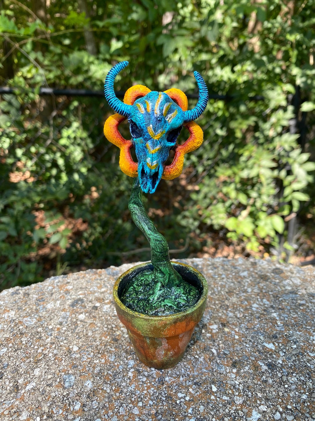 Freaky Flora Bull Skull Creepy Garden Scary Flower Assemblage Art Clay ...