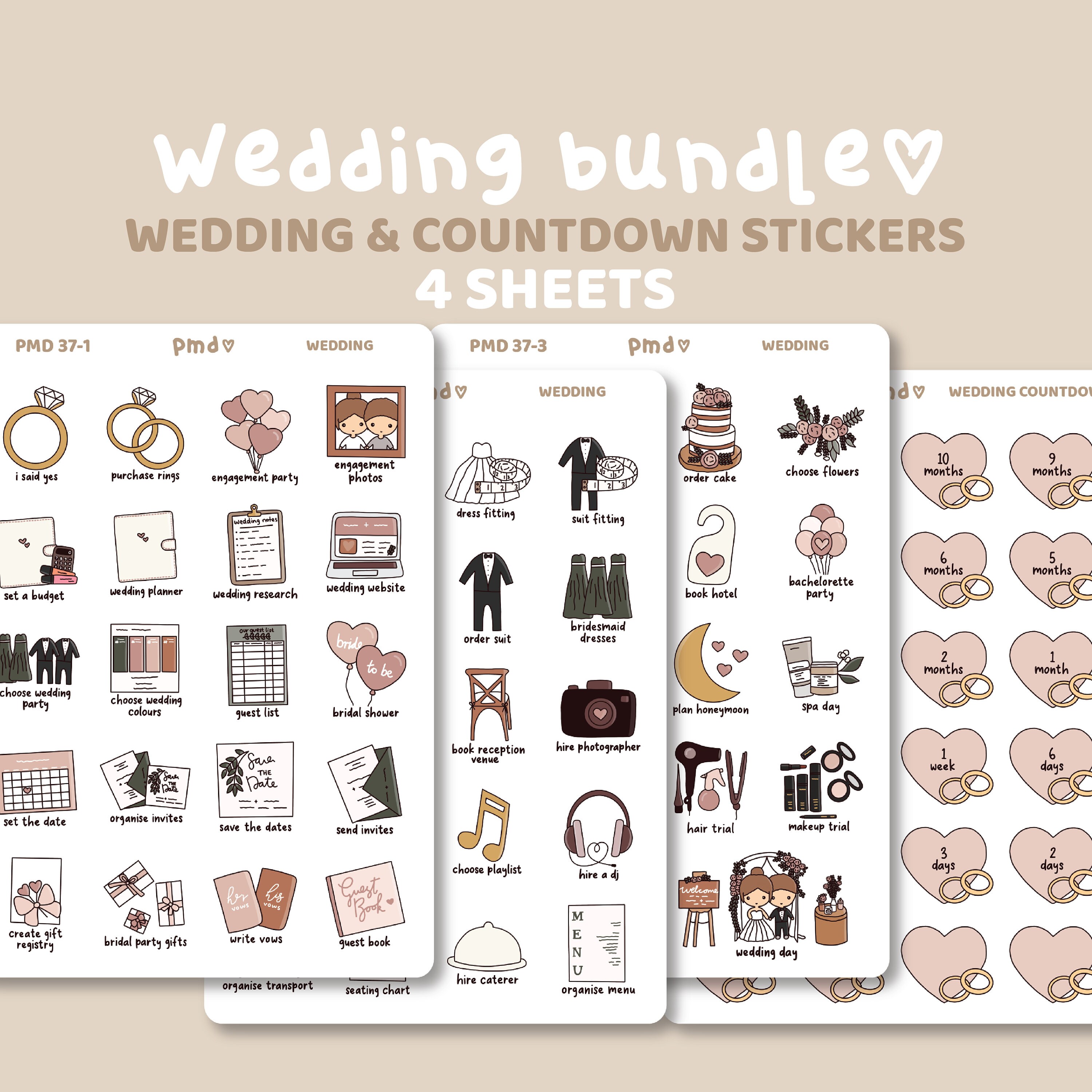 Wedding Sticker Bundle 4 Sheets Planner Stickers BU02 - Etsy