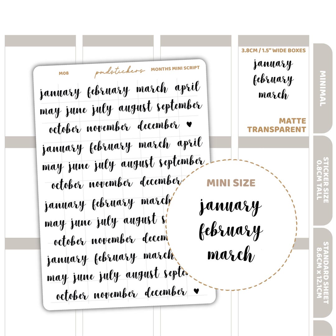 Months Mini Script Stickers | Minimal Planner Stickers | M08 - Etsy