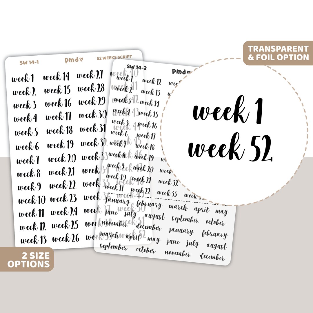 52 Weeks Script Word Stickers Planner Stickers SW14 - Etsy