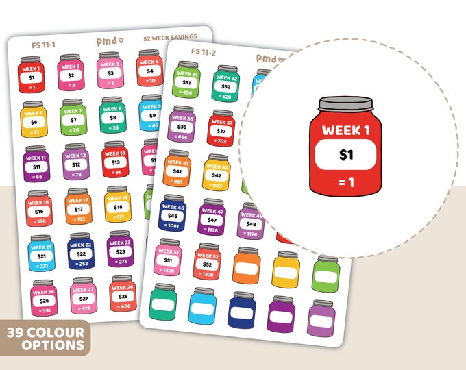 52 Week Savings Challenge Stickers Planner Stickers FS072 - Etsy