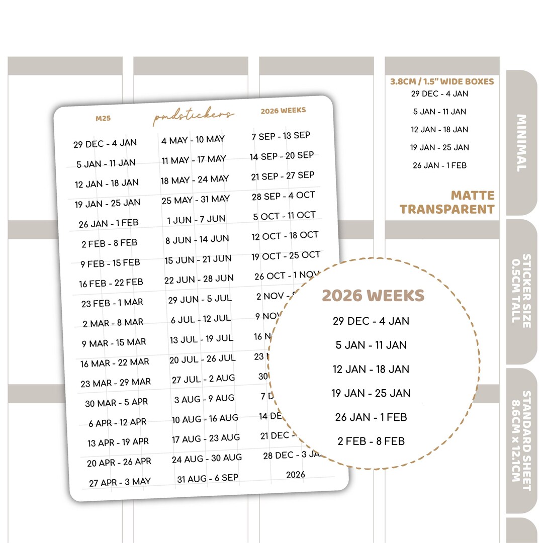 2026 Weeks Minimal Font Stickers | Minimal Planner Stickers | M25 - Etsy
