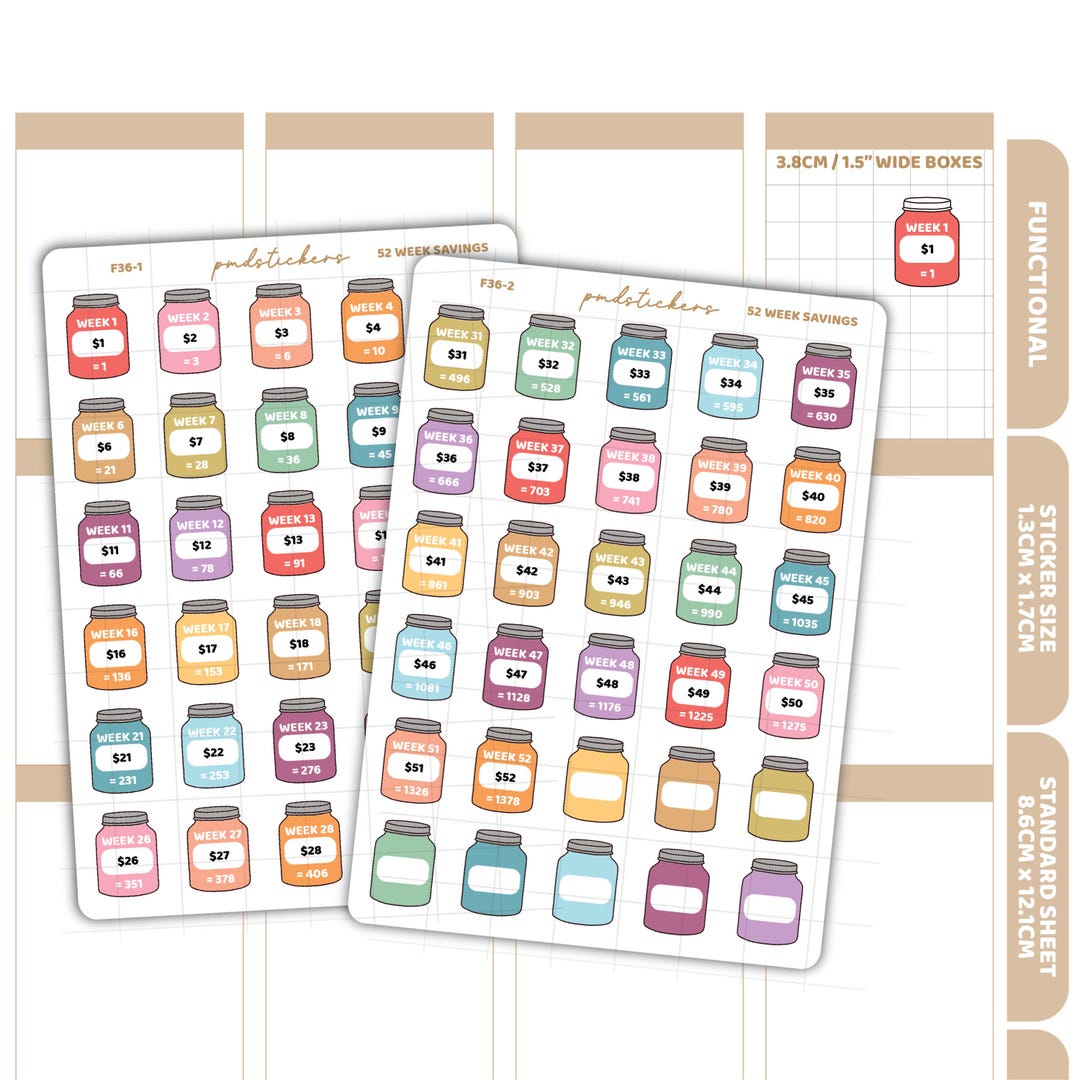 52 Week Savings Challenge Stickers | Functional Planner Stickers | F36 ...