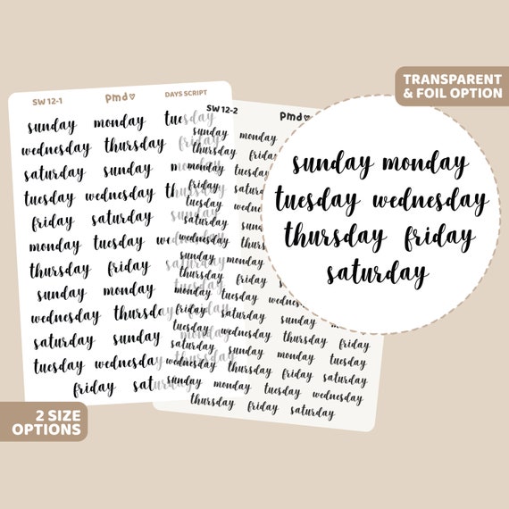 Days Script Word Stickers Planner Stickers SW12 - Etsy