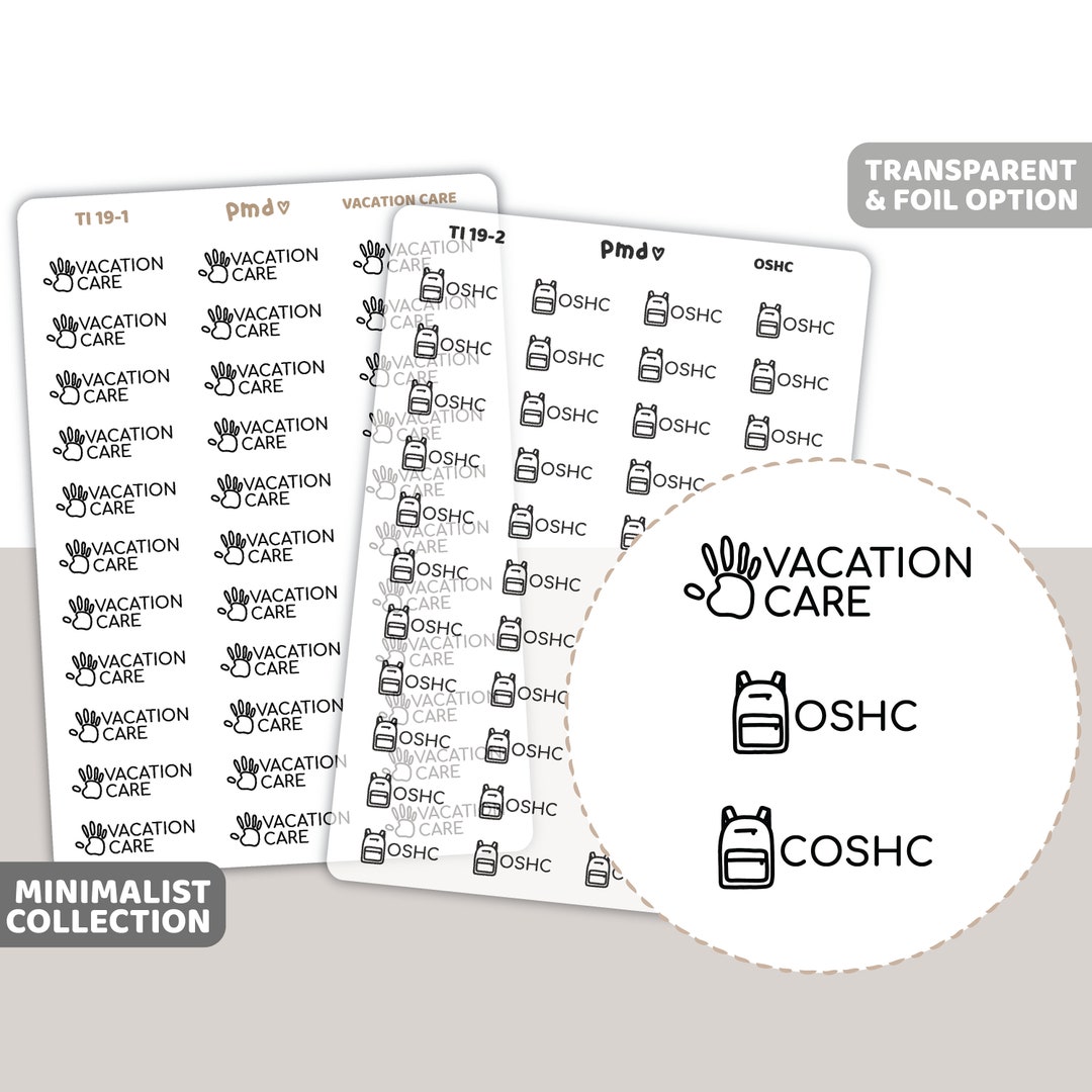Vacation Care, OSHC, COSHC Text/icon Stickers Minimalist Planner ...
