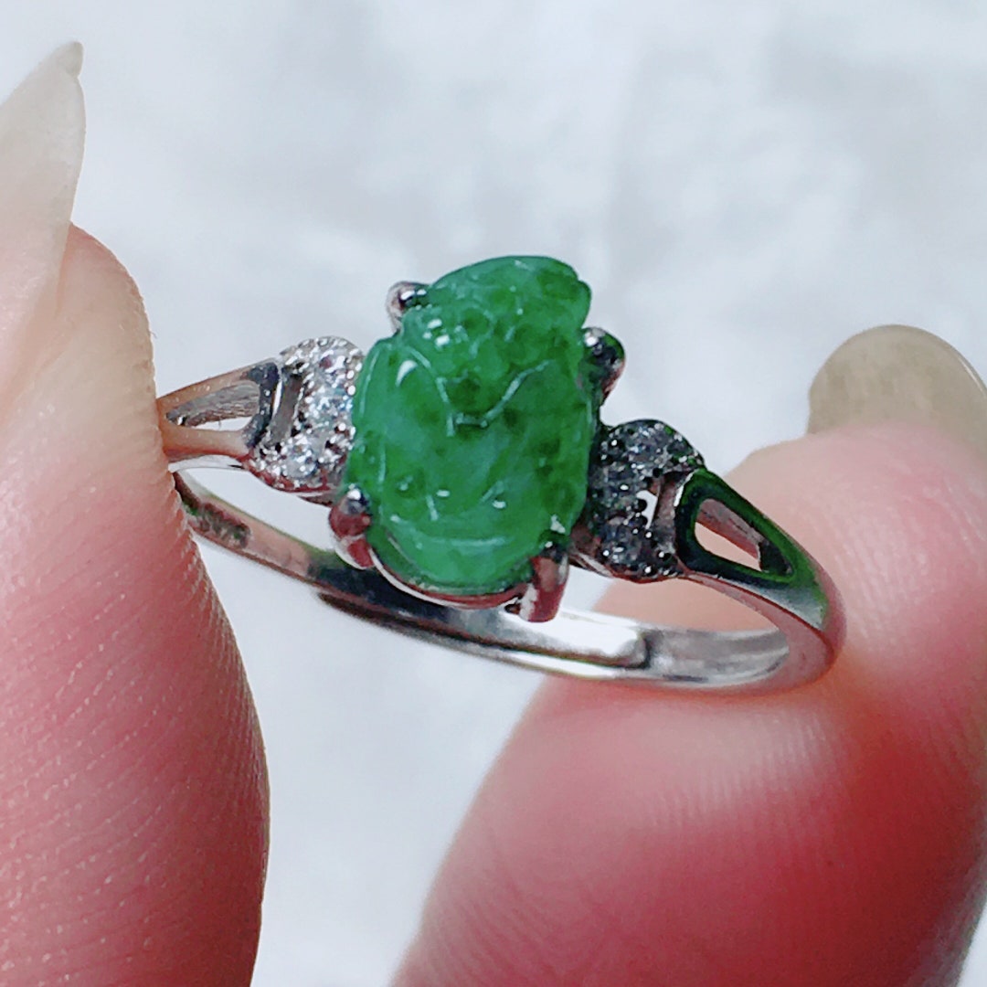 Natural Light Green Jade golden Toad Inlaid S925 Silver Ring, the Size ...