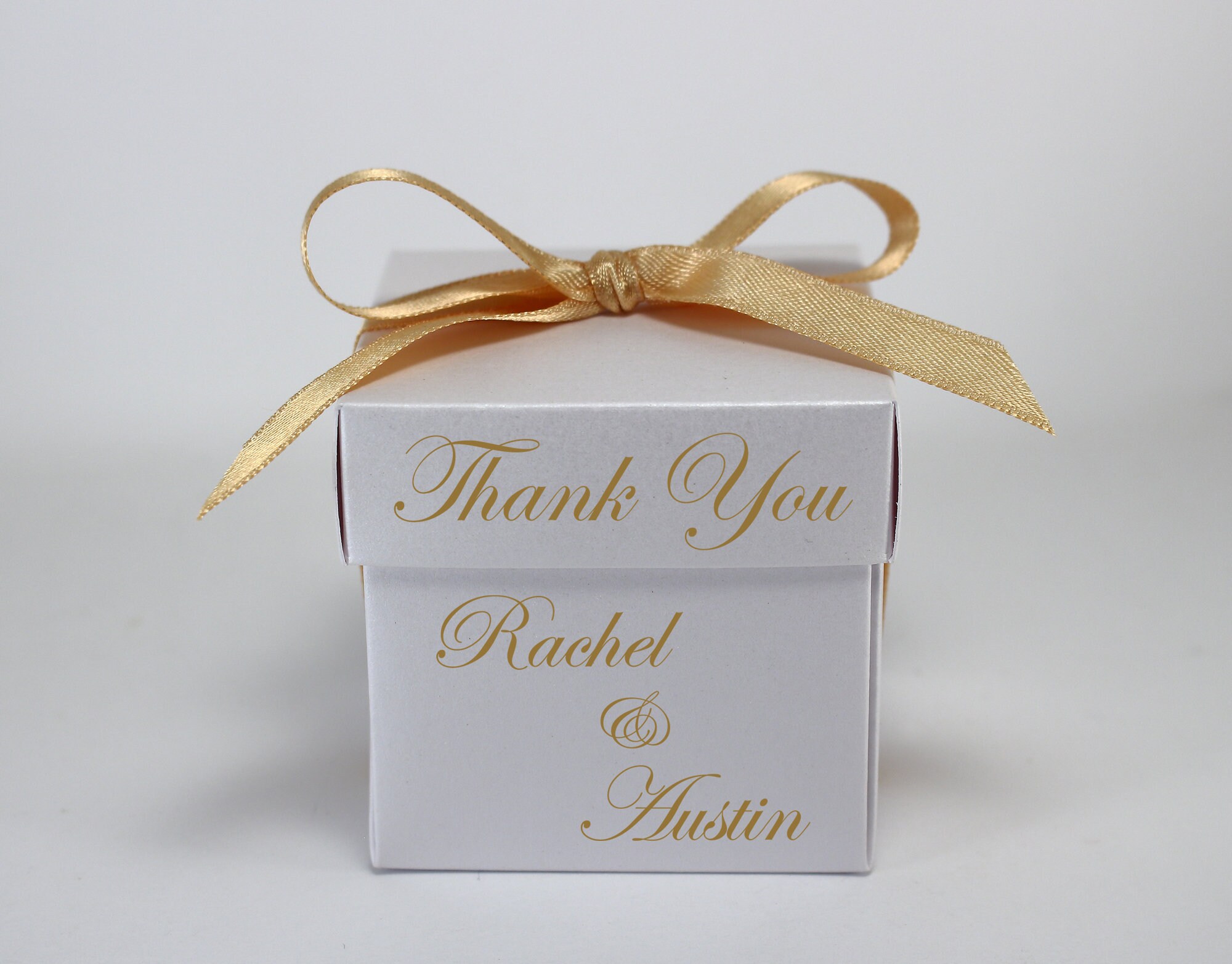 35 White Wedding Favor Boxes - Personalized Custom Text Printed Ribbon ...