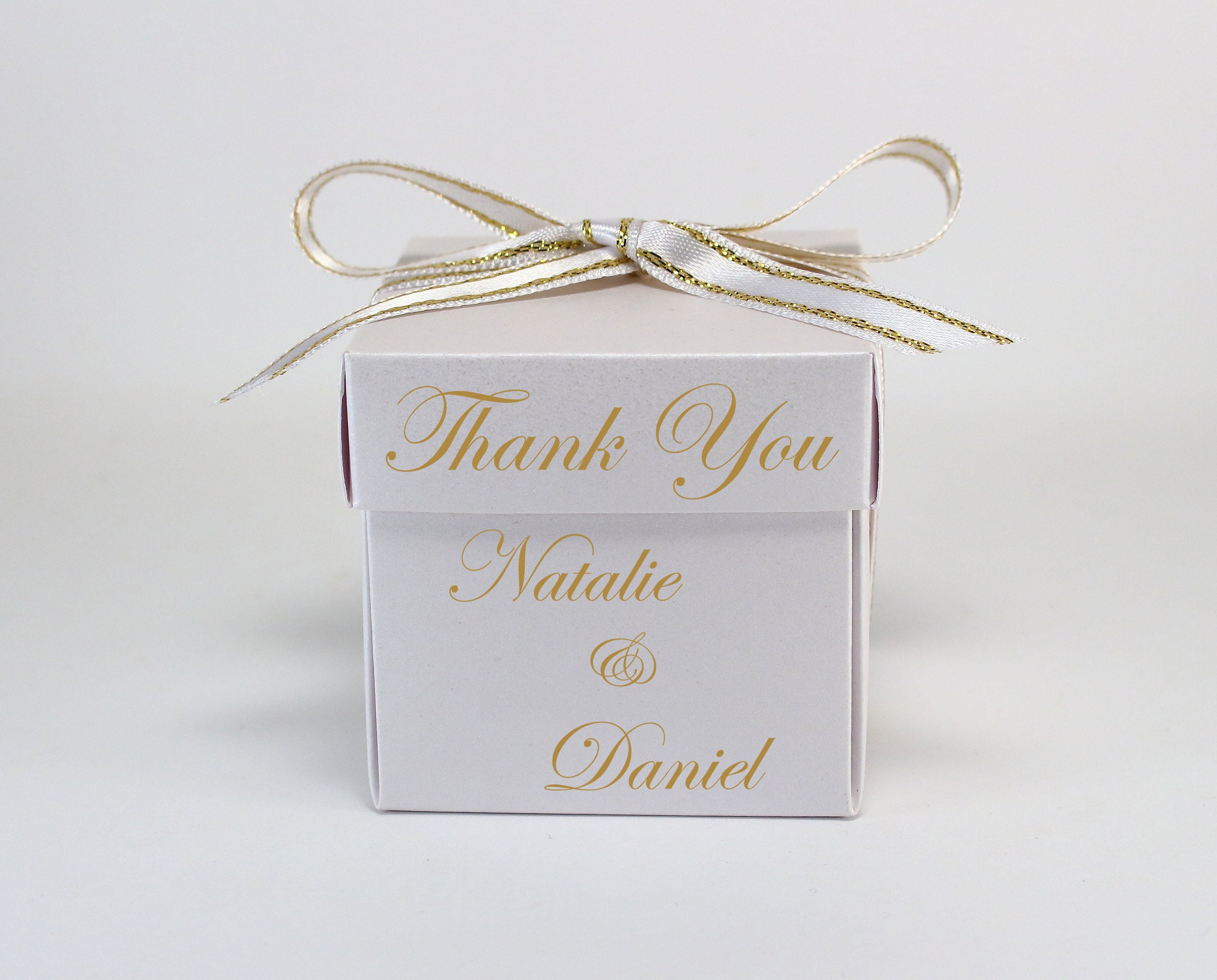 35 White Wedding Favor Boxes - Personalized Custom Text Printed Ribbon ...