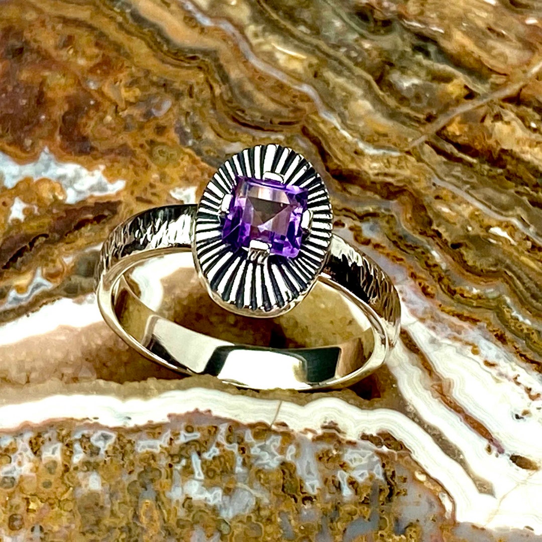 Amethyst Ring Princess Cut With Custom Design and a Hand Hammered Shank ...