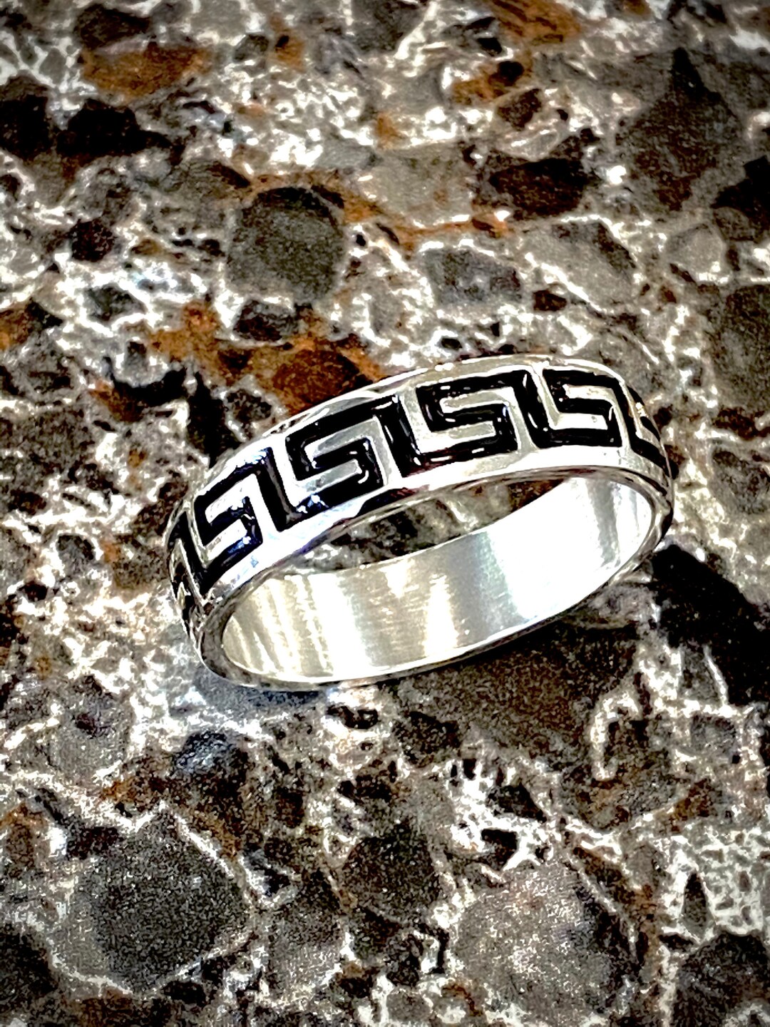 Greek Key Ring in Sterling Silver With Black Enamel - Etsy