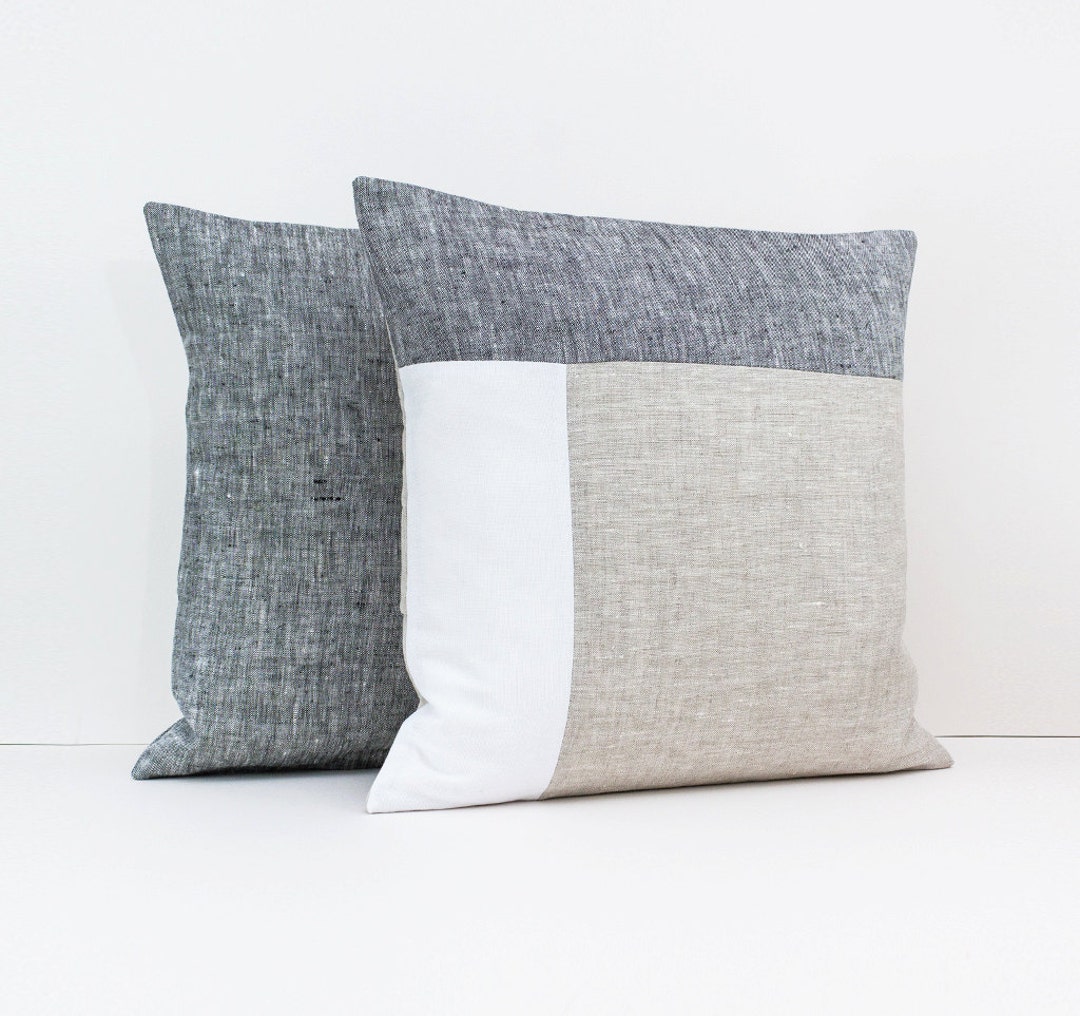 Linen Color Block Pillow Cover Set in Dark Gray, Beige and White ...