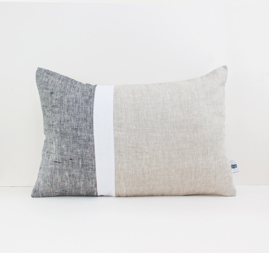 Minimalist Color Block Pillow Cover Handmade From Natural Linen, Lumbar ...