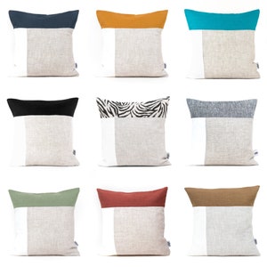 Color Block Pillow in Turquoise/white/beige Linen. Modern Pillow. Linen ...