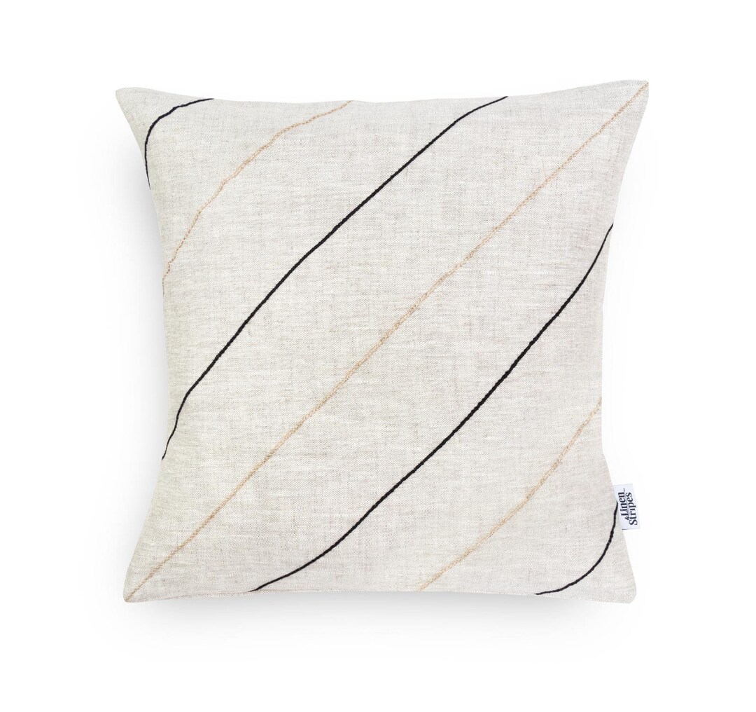 Neutral Linen Pillow Cover With Jute and Black Diagonal Lines, Stripped ...