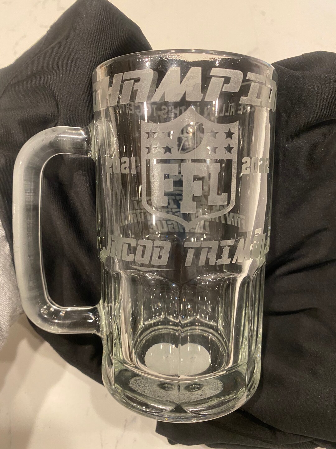 Etched Glass/ Etched Beer Mug/ Glass Trophy/ Fantasy Football Trophy ...