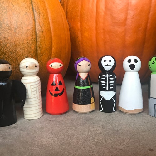 Halloween Peg Doll Set Wooden Toy/decor Mummy Pumpkin - Etsy