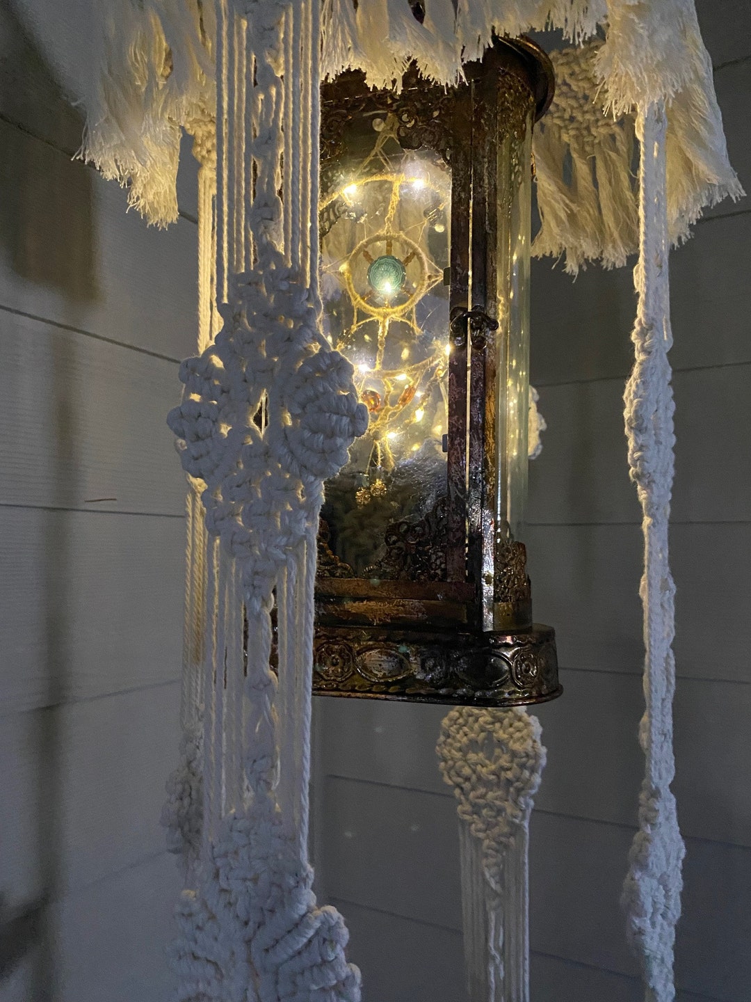 Unique Macrame Lantern Plant Hanger With Lights on Timer - Etsy