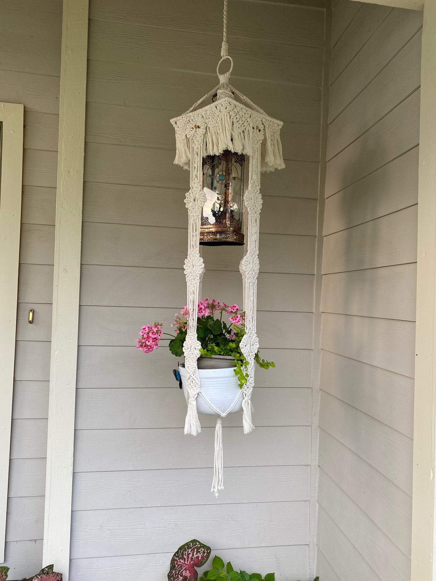 Unique Macrame Lantern Plant Hanger With Lights on Timer - Etsy