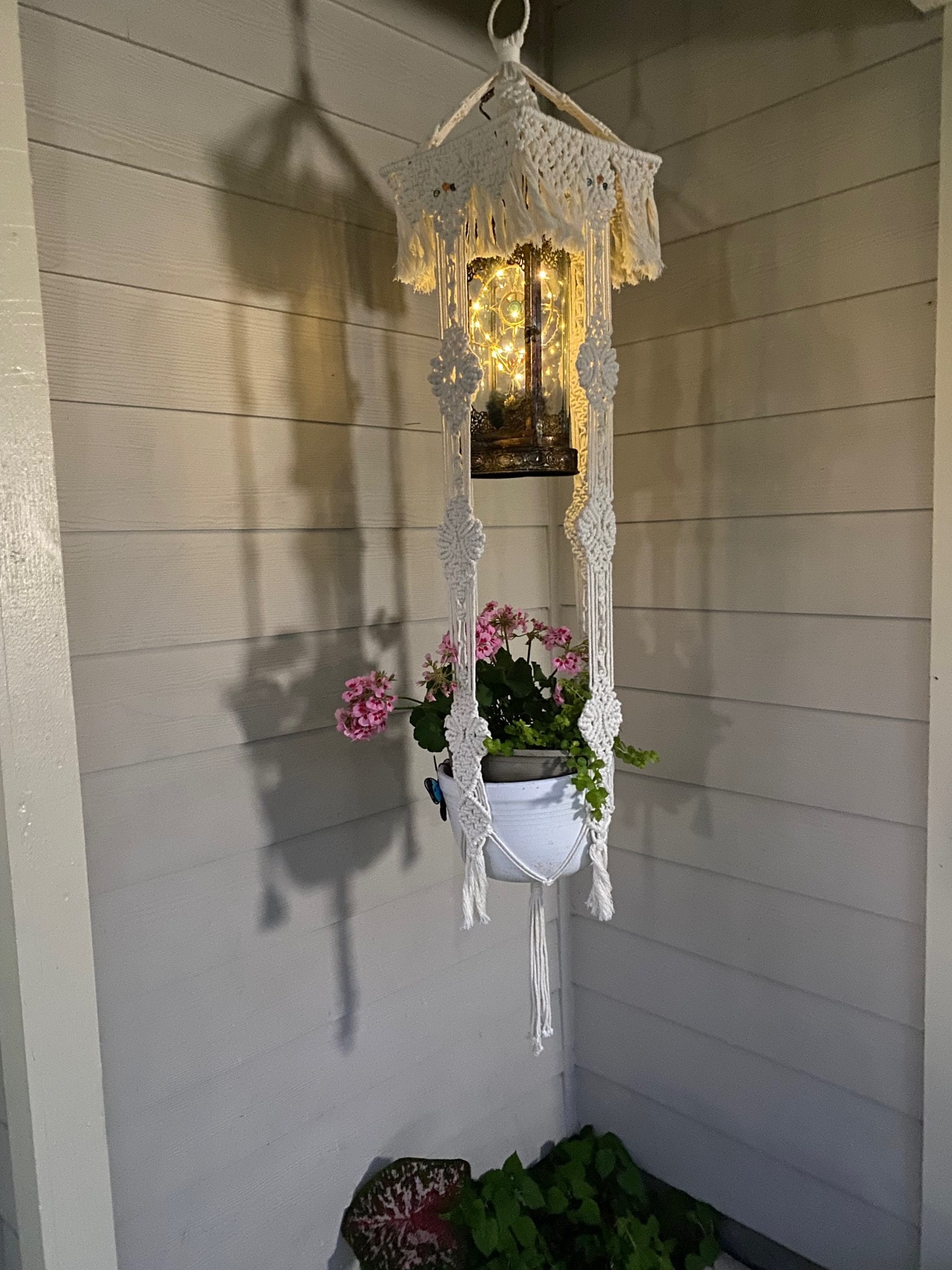 Unique Macrame Lantern Plant Hanger With Lights on Timer - Etsy