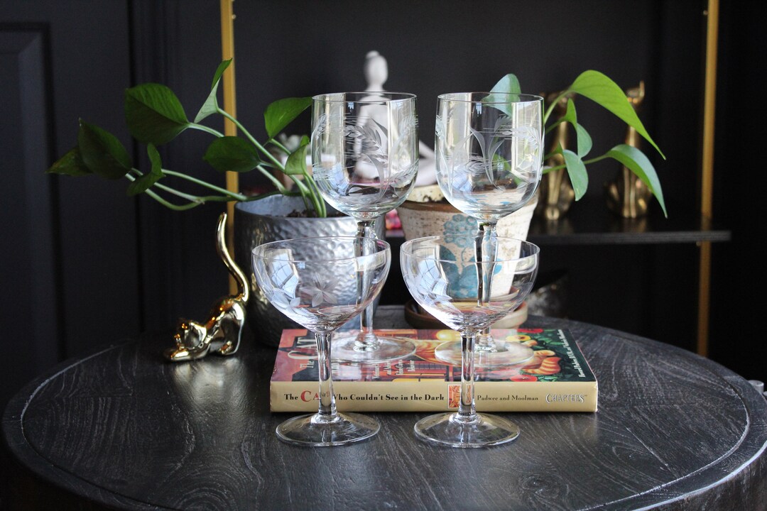 Mismatched Set of FOUR MCM Cocktail Glasses Vintage Etched Fancy ...