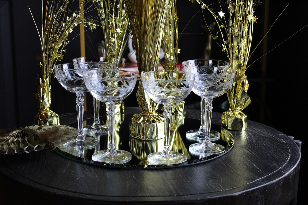 Set of SIX Gorgeous Fostoria Holly Cut Crystal Champagne Glasses Garden ...