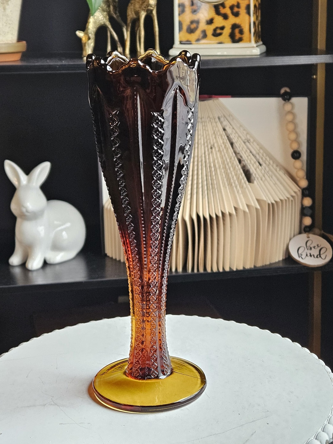 Vintage Indiana Glass Ribbon and Zipper Vase Tiara Glass Burnt Amber ...