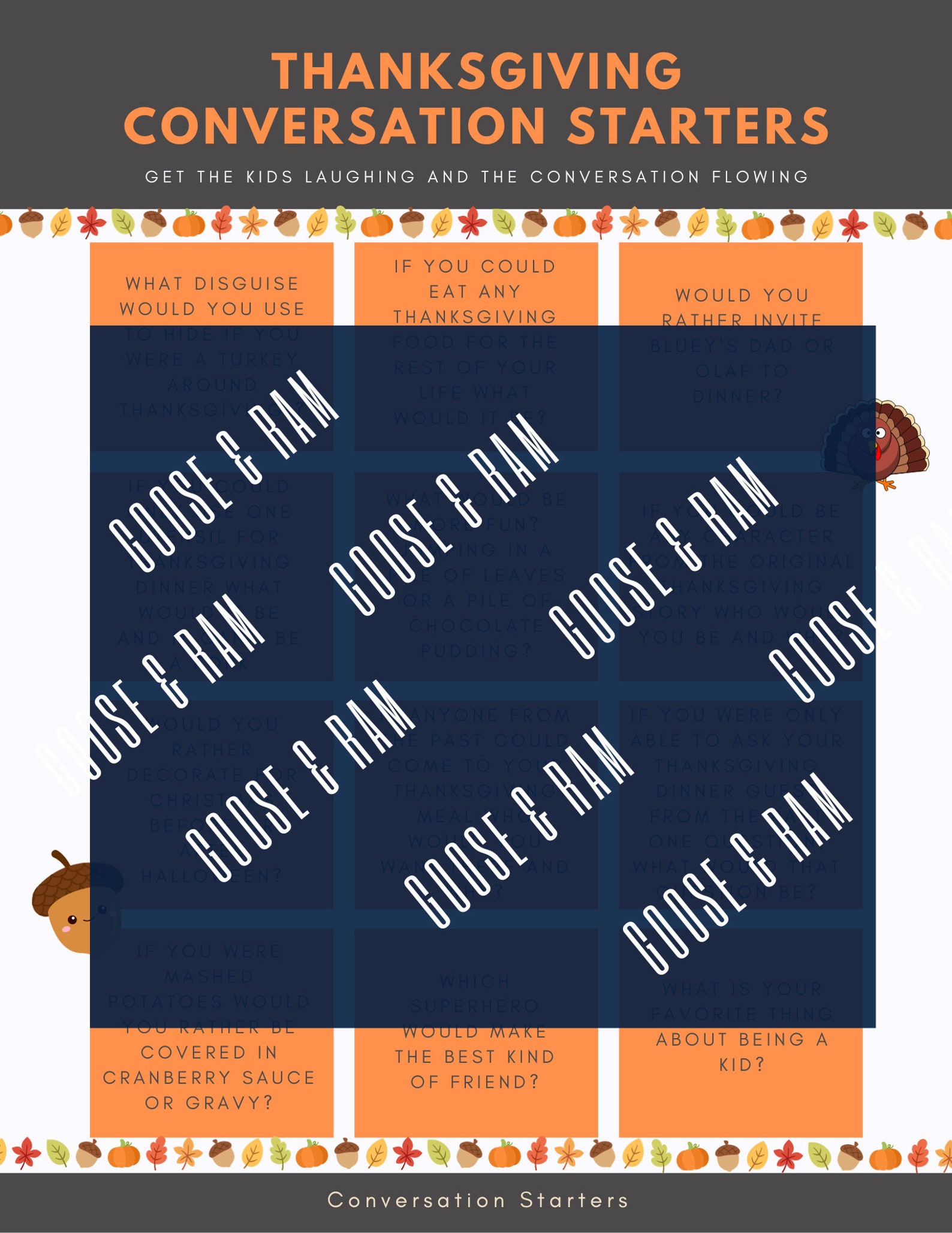 Thanksgiving Conversation Starters Printable, Kids Activity Printable ...