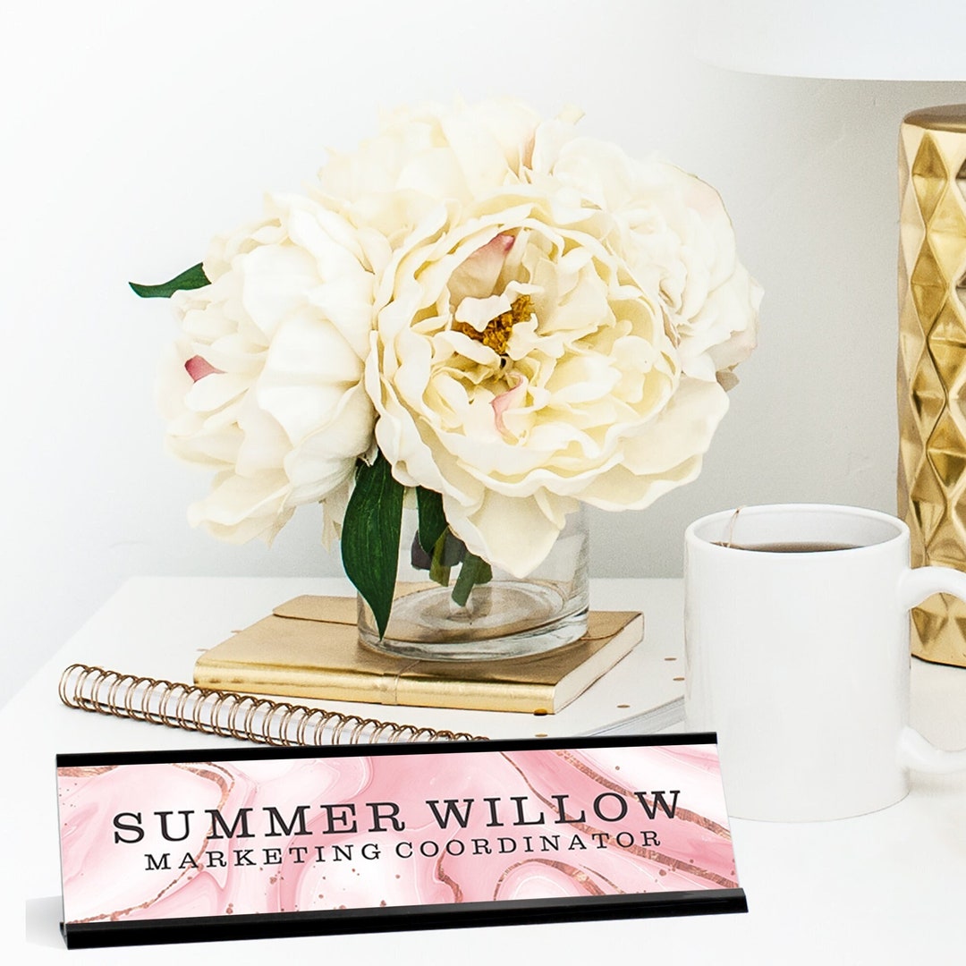 Pink Marble Desk Name Plate, Desk Plaque Office Decor, Custom Name ...