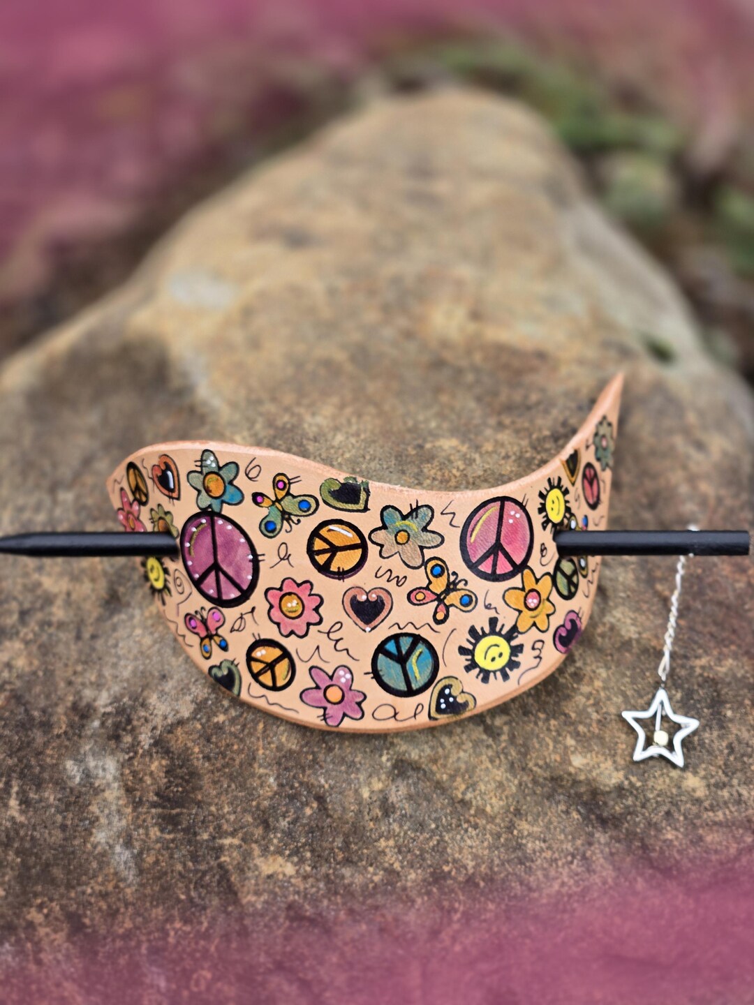 1353 Leather Hair Slide With Peace Signs, Flowers & Butterflies, Fun ...