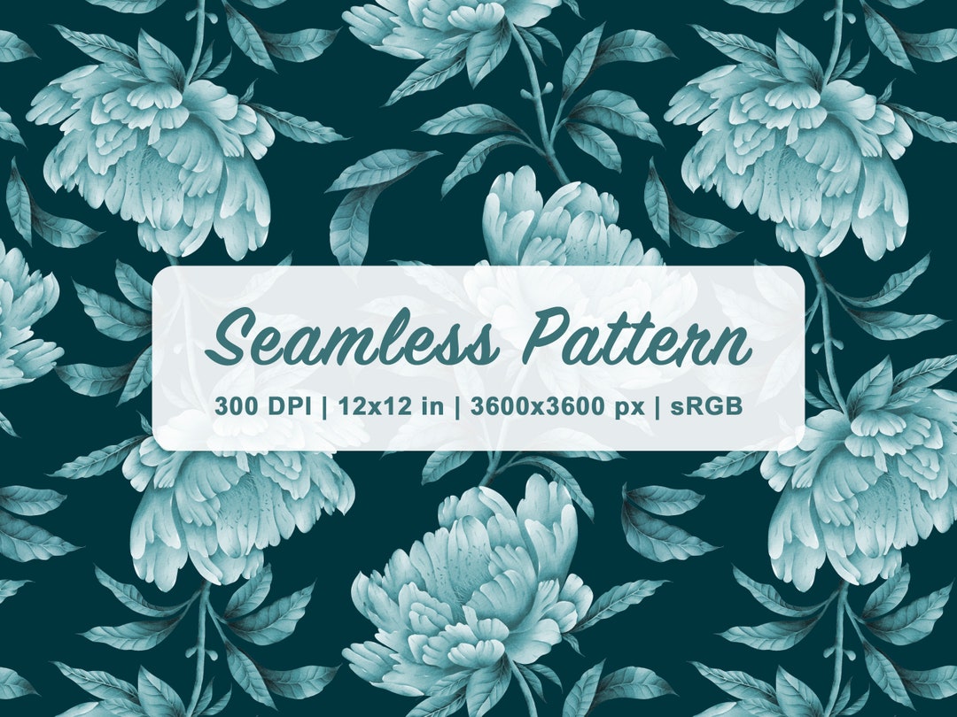 Seamless Teal Peony Floral Pattern Digital Paper, Elegant Vintage ...