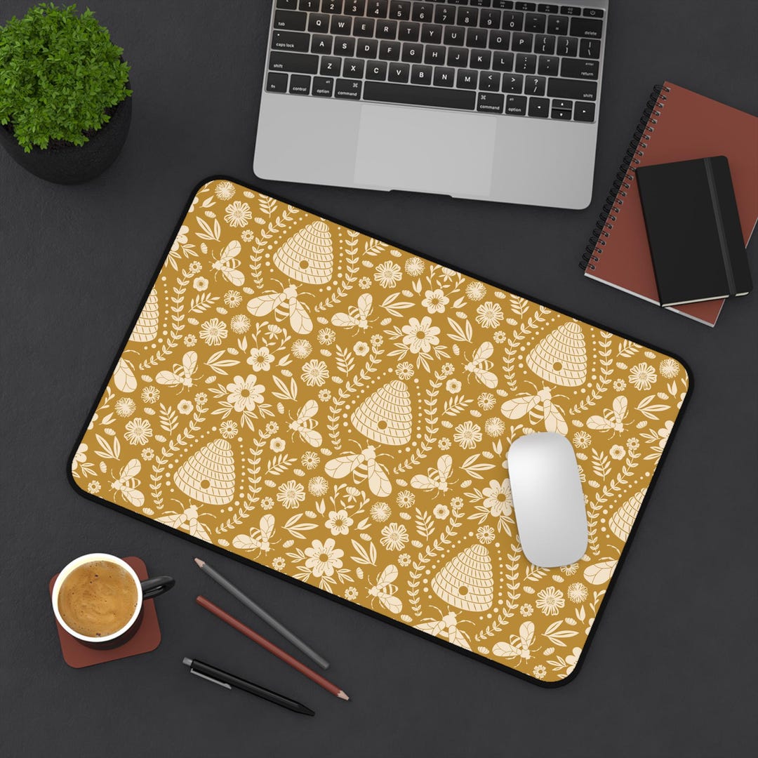 Bee Pattern Desk Mat | Mustard Yellow Bees & Beehives Office Decor ...