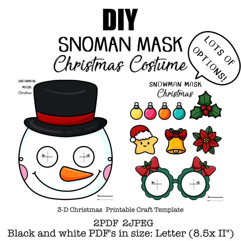 Snowman Christmas Mask Printable: DIY Costume Template (PDF & JPEG) - Etsy