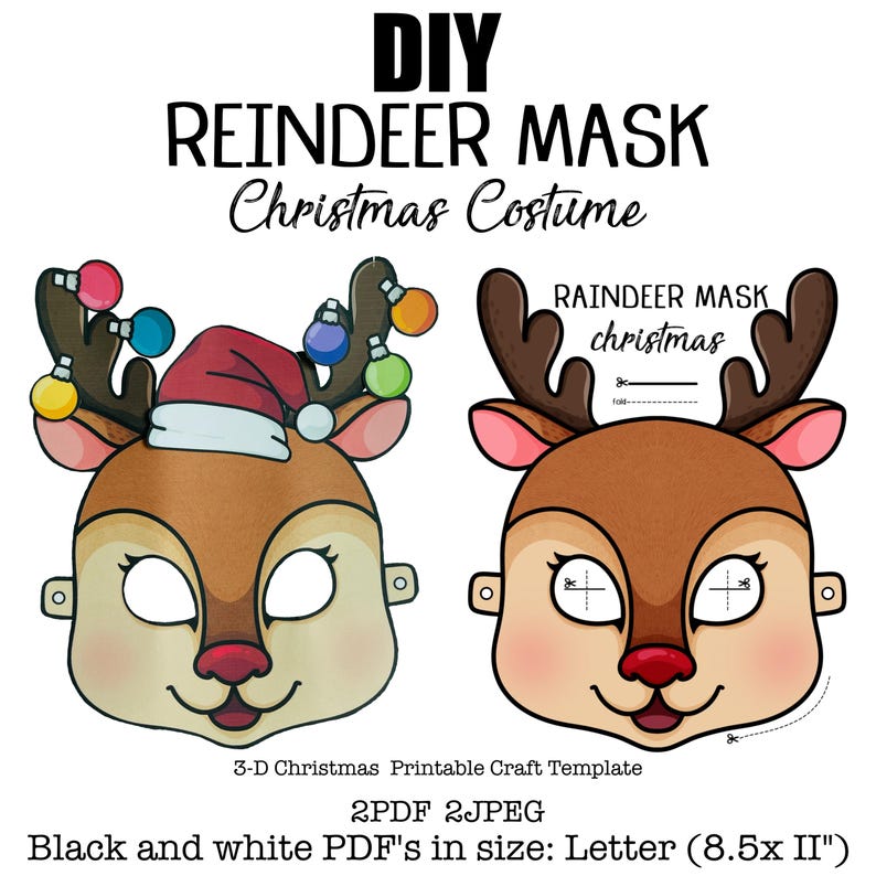 Reindeer Mask Printable Christmas Costume Template Christmas Craft for ...